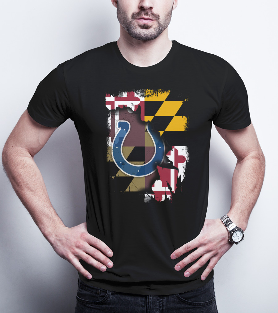 Maryland Flag With Colts Horseshoe NFL T-Shirt