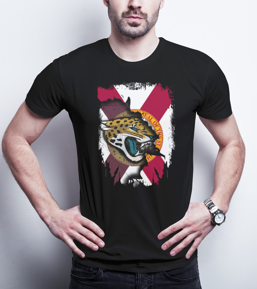 Florida State Flag With Jaguars Roaring Emblem Together T-Shirt