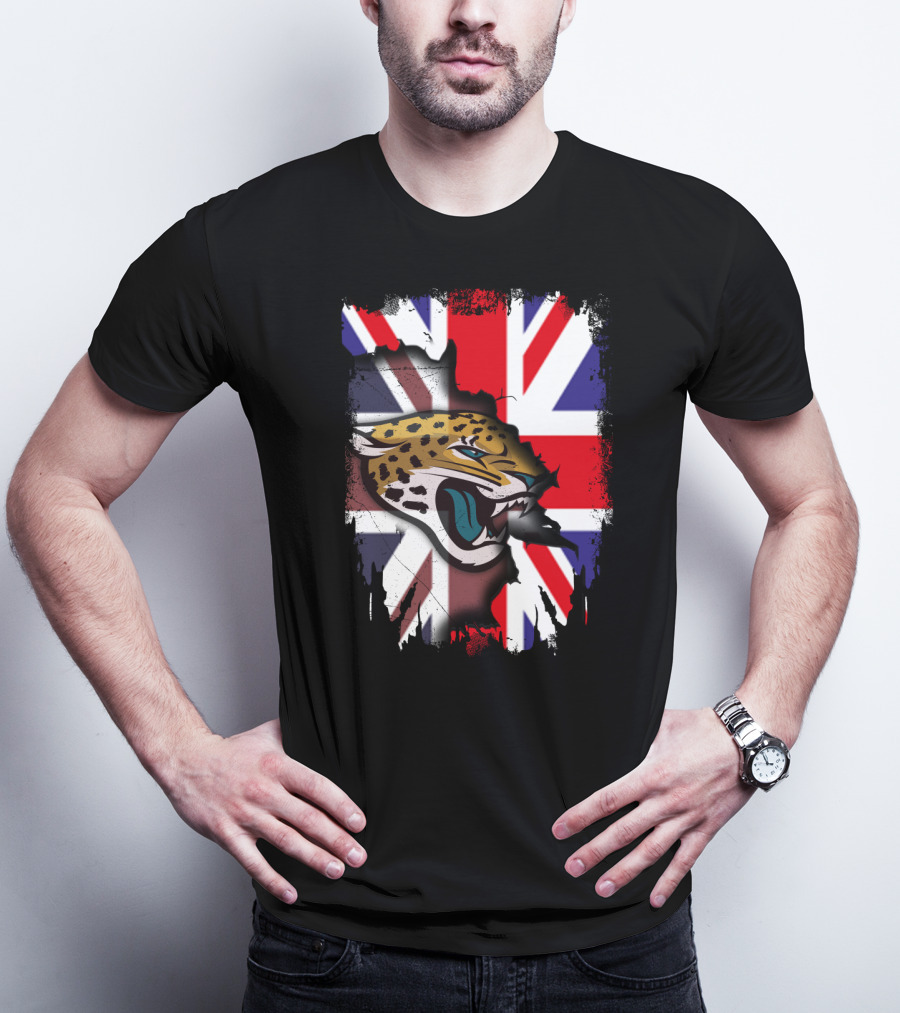United Kingdom Union Jack Flag With Fierce Jaguar Face T-Shirt