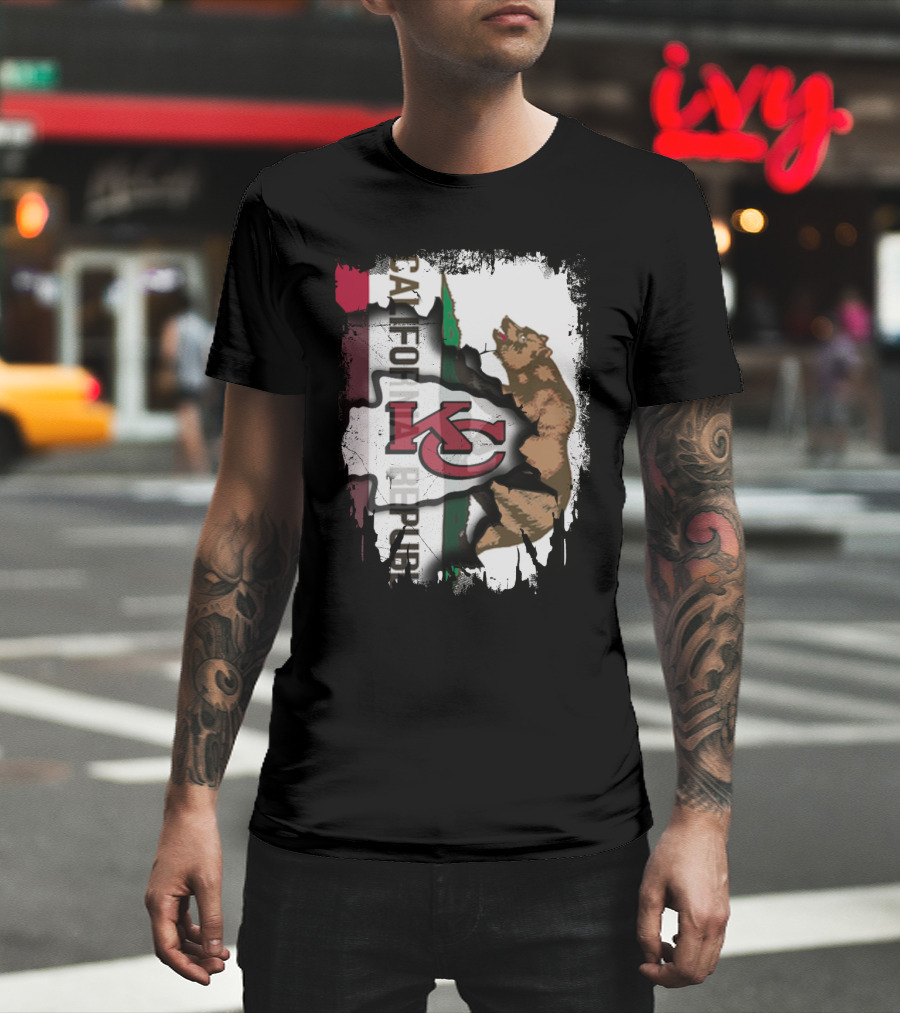 California Republic Bear With Kansas City Chiefs Logo Fusion T-Shirt