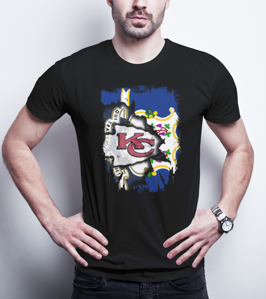 Connecticut State Flag With Kansas City Chiefs Logo Fusion T-Shirt