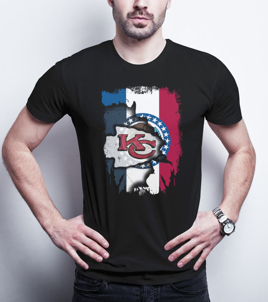 KC Chiefs Logo On Torn Missouri Flag Design Together T-Shirt