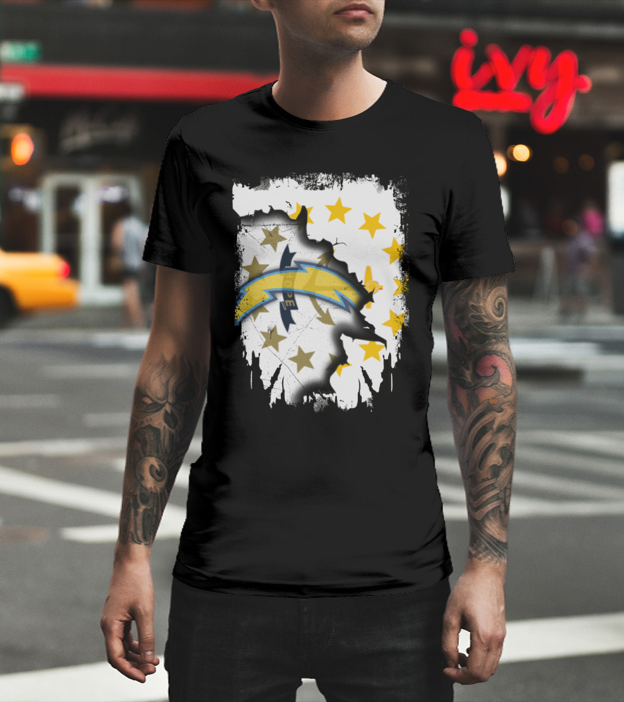 Rhode Island Map With Chargers Logo And Stars T-Shirt