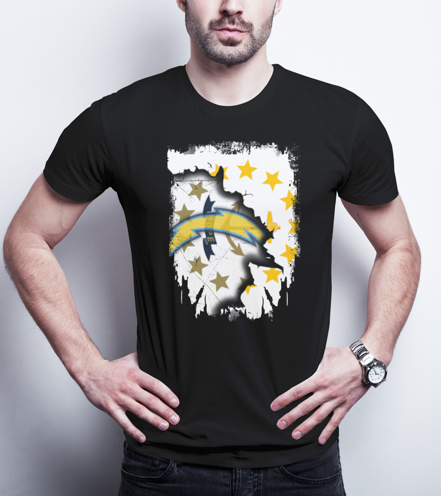 Rhode Island Map With Chargers Logo And Stars T-Shirt