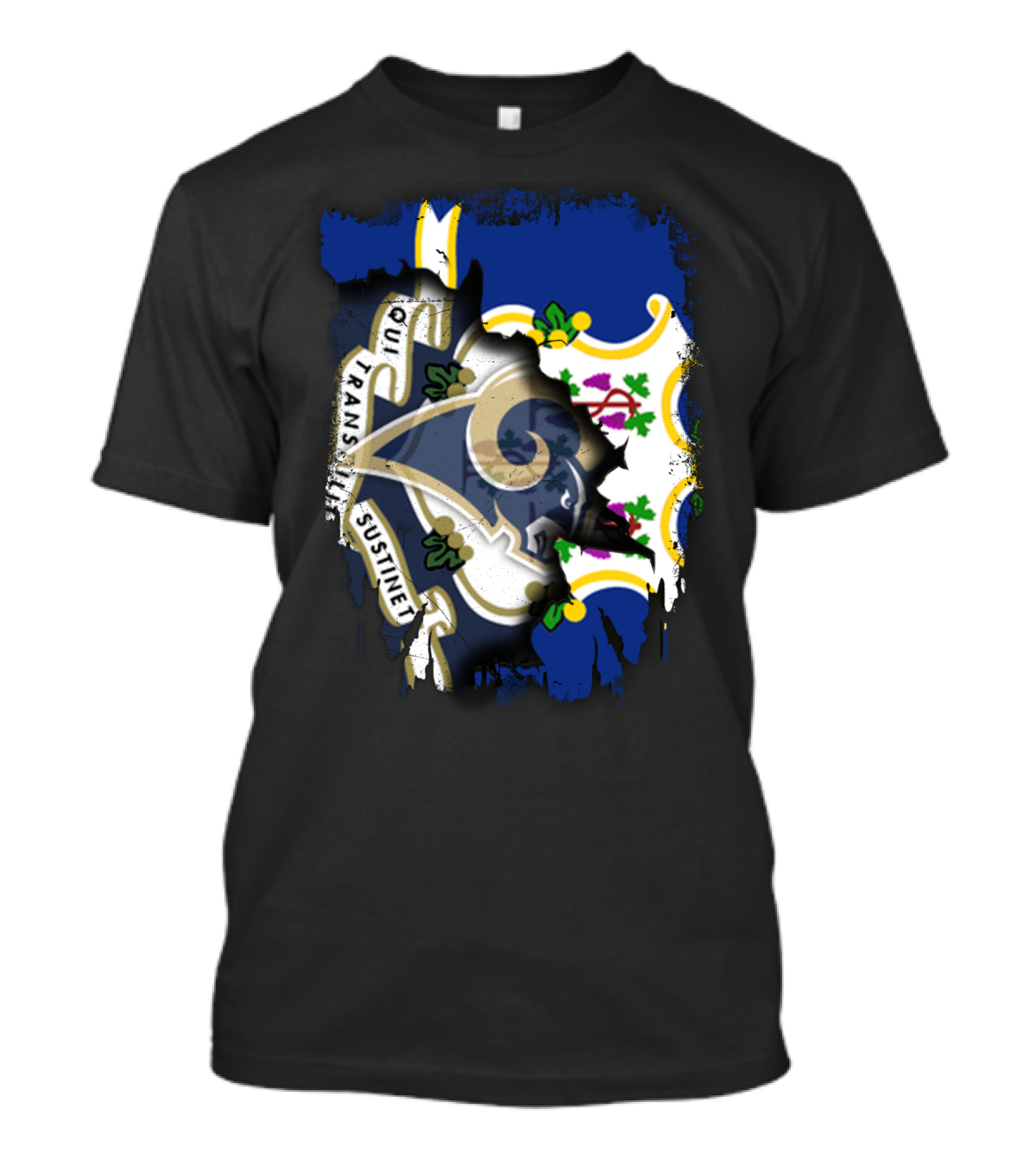 Connecticut Flag And Rams Logo Overlap Qui Transtulit Sustinet T-Shirt
