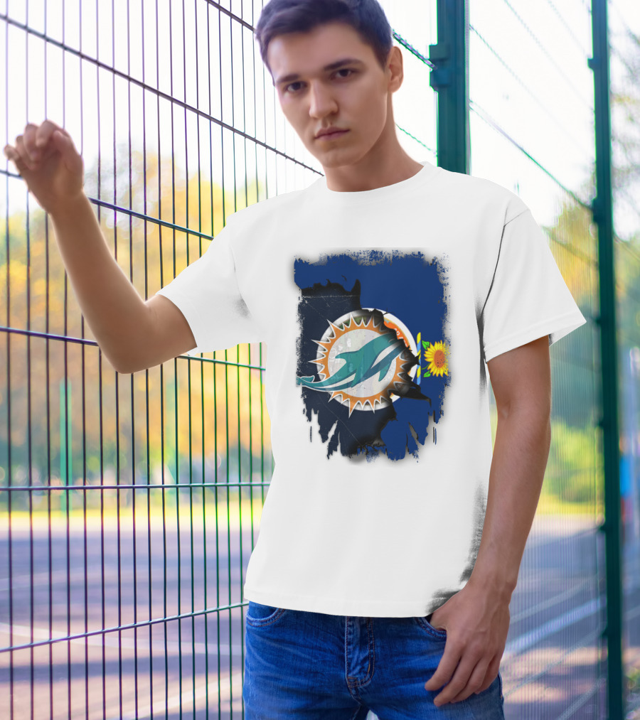 Kansas Flag With Miami Dolphins Logo And Sunflower T-Shirt