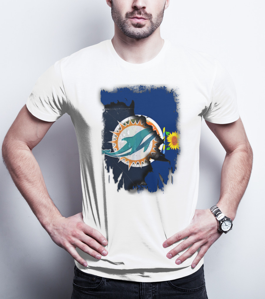 Kansas Flag With Miami Dolphins Logo And Sunflower T-Shirt
