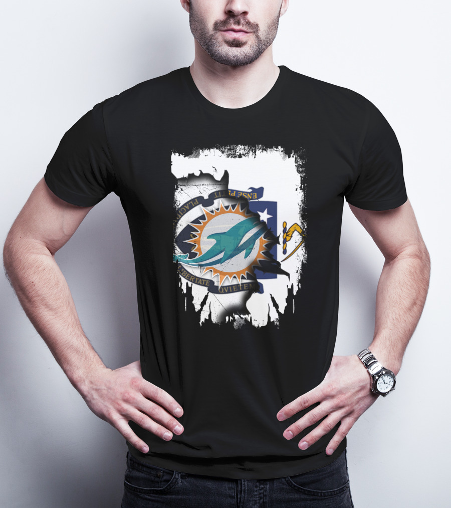 Massachusetts State Crest With Miami Dolphins Logo Integration T-Shirt