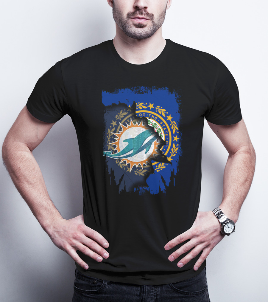 New Hampshire Background With Miami Dolphins Logo Symbolizing Unity T-Shirt
