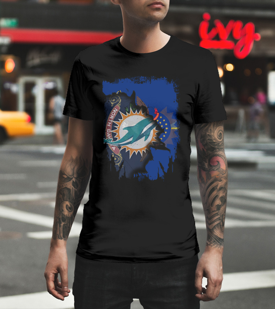 North Dakota State Flag With Dolphins NFL Logo Fusion T-Shirt