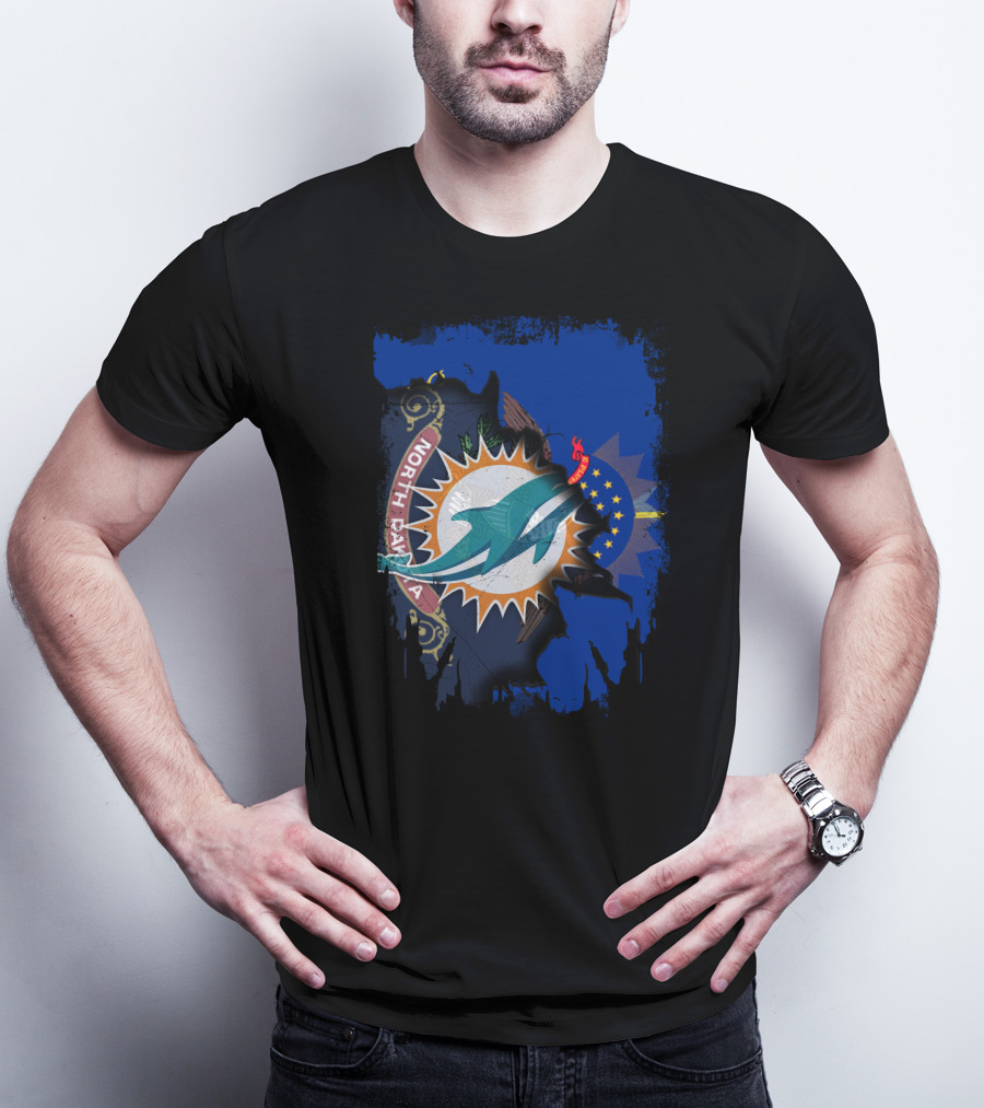 North Dakota State Flag With Dolphins NFL Logo Fusion T-Shirt