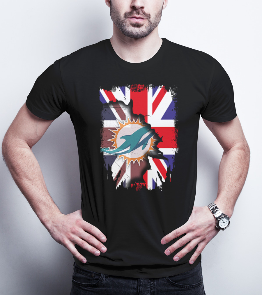 United Kingdom And Miami Dolphins Union Flag Fusion T-Shirt