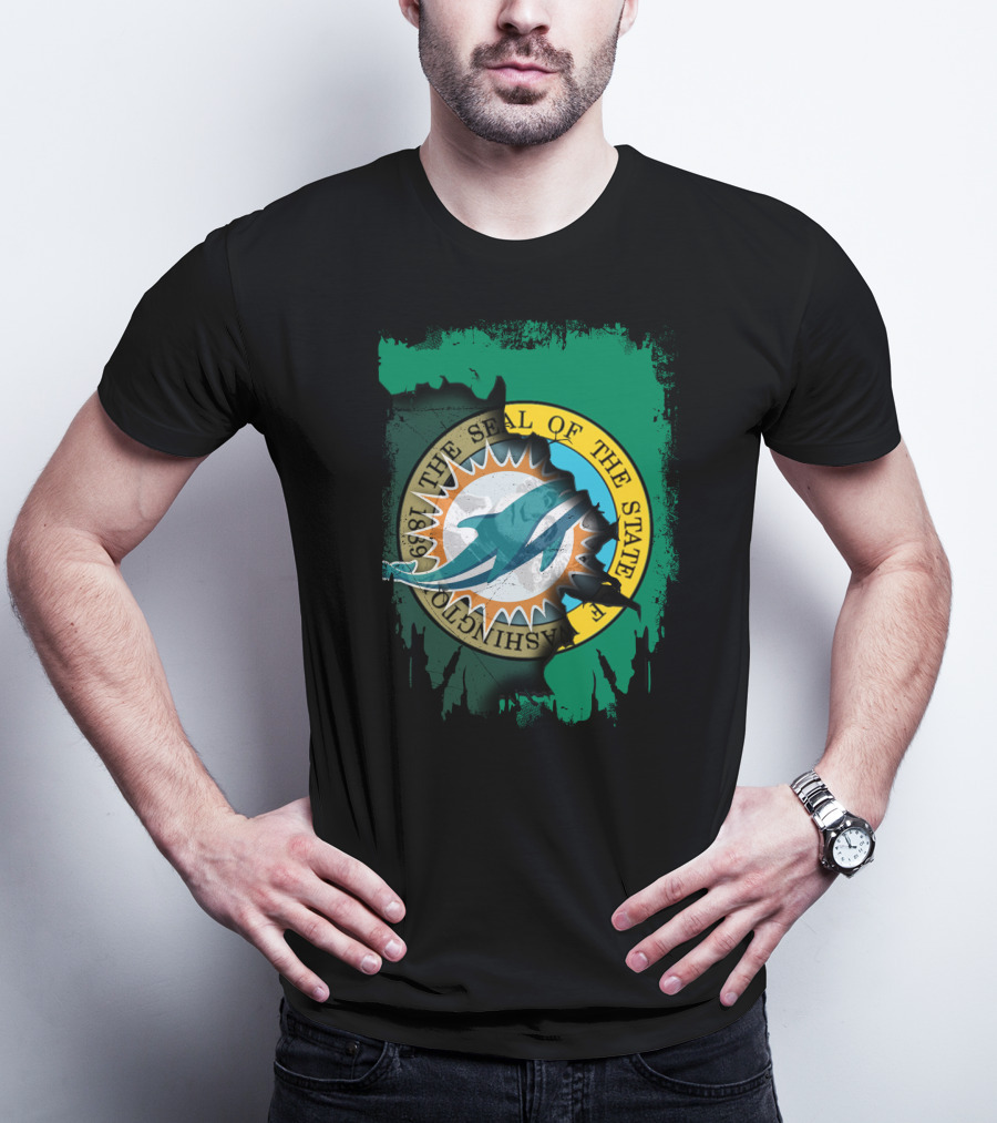 The Seal Of The State Of Washington Dolphins Logo Fusion T-Shirt