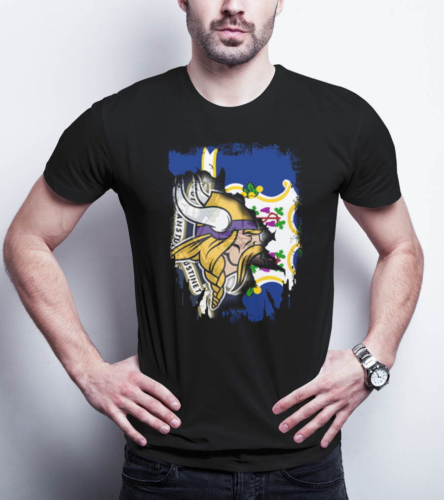 Connecticut State Flag Blended With Vikings Football Team T-Shirt