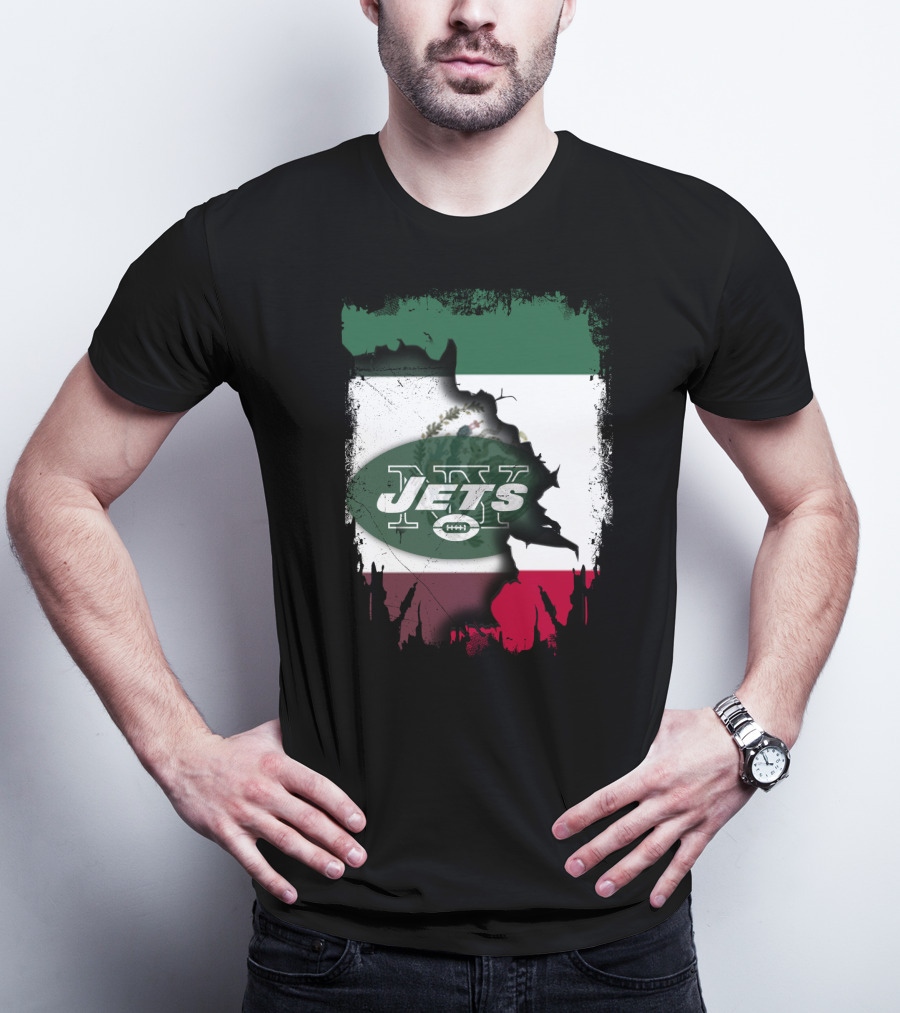 Mexico Flag Background With NY Jets Logo And Aztec Eagle T-Shirt