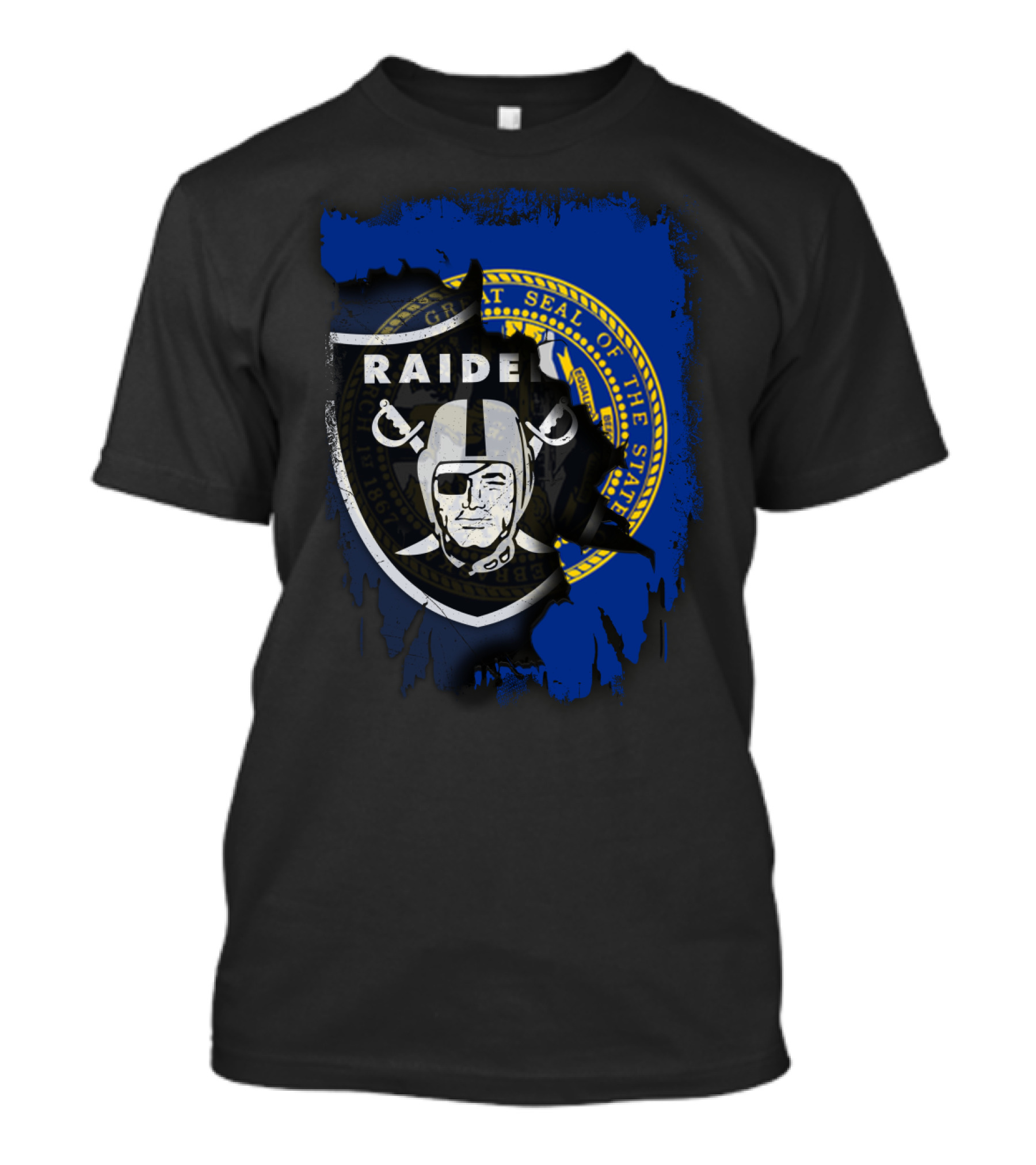 Nebraska State Seal Behind Raiders Logo Together T-Shirt