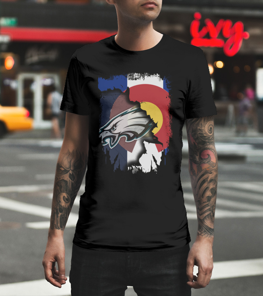 Colorado Flag With Philadelphia Eagles Head Emblem T-Shirt
