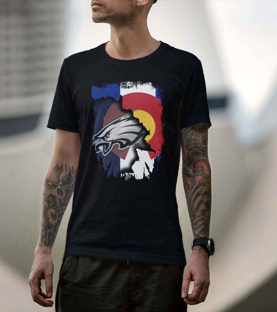 Colorado Flag With Philadelphia Eagles Head Emblem T-Shirt