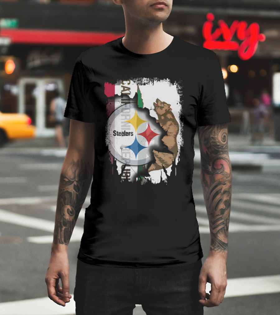 California Bear With Steelers Logo Fusion T-Shirt