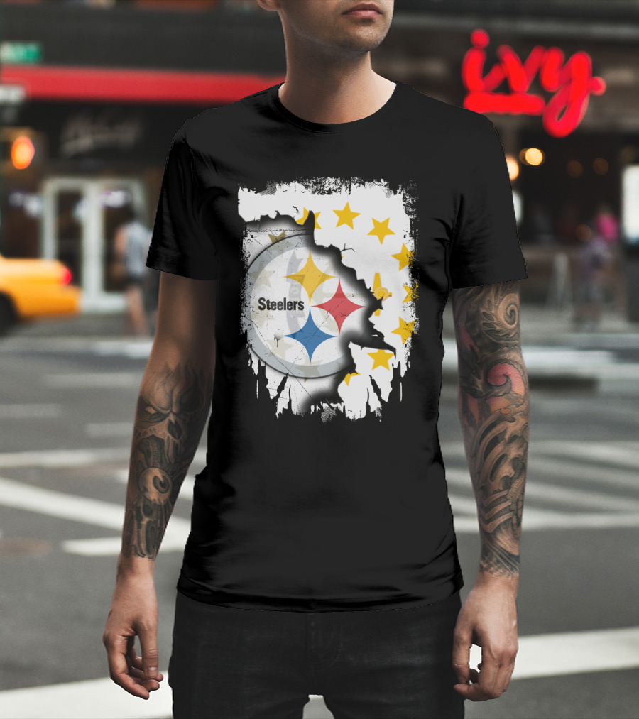 Steelers Logo With Rhode Island Stars And Torn Effect T-Shirt