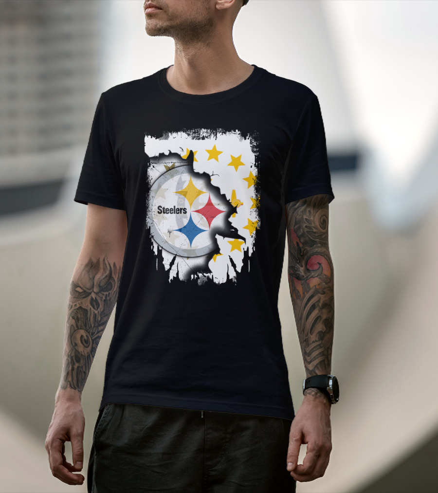 Steelers Logo With Rhode Island Stars And Torn Effect T-Shirt
