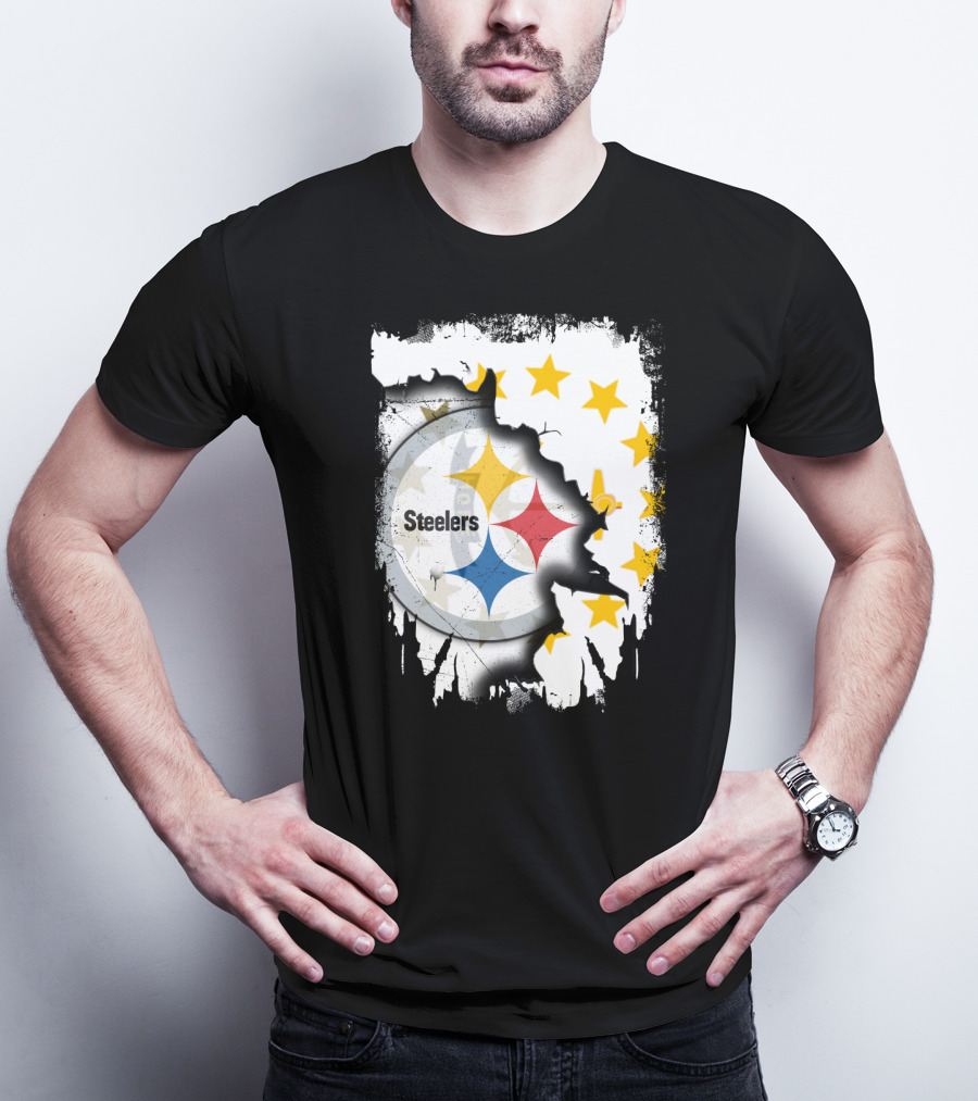 Steelers Logo With Rhode Island Stars And Torn Effect T-Shirt