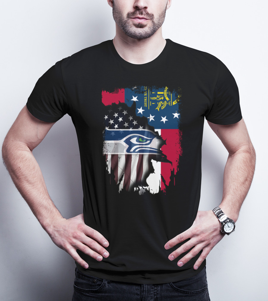 Georgia State Flag With Seahawks Logo And American Flag Elements T-Shirt