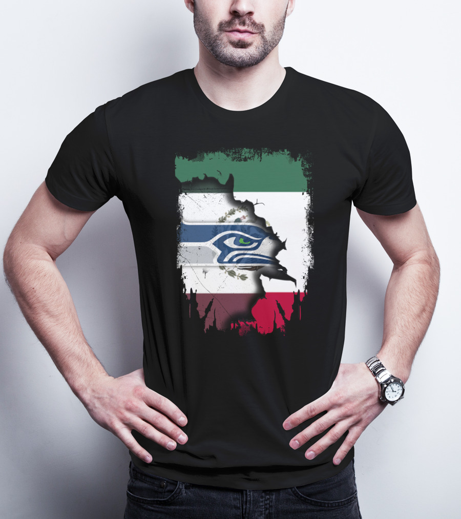 Mexico And Seahawks United With Flag And Logo Overlay T-Shirt