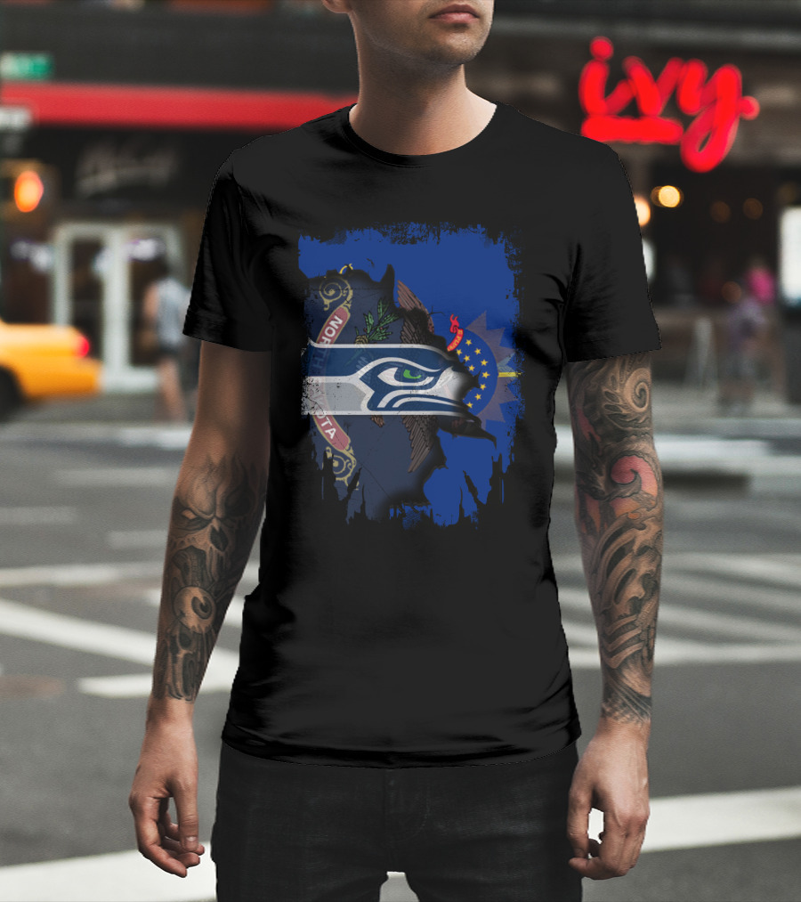 North Dakota Flag With Seattle Seahawks Fusion T-Shirt