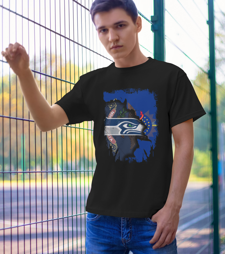 North Dakota Flag With Seattle Seahawks Fusion T-Shirt