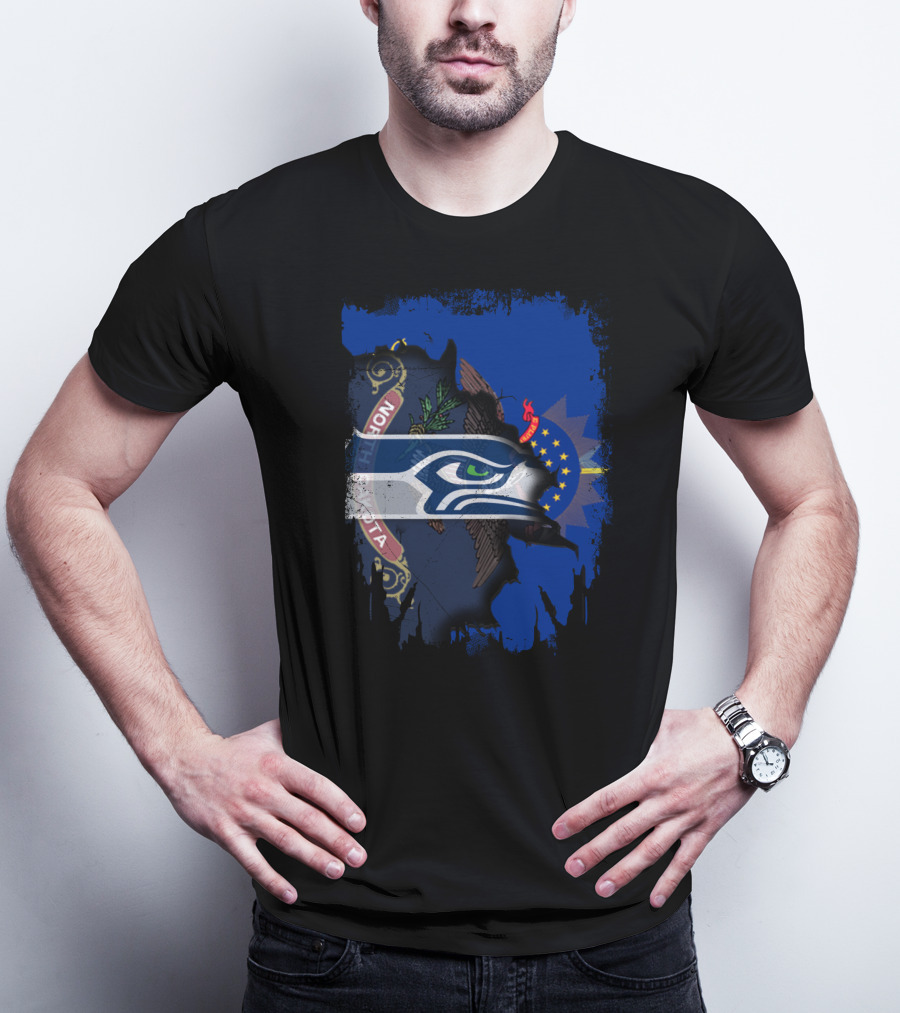 North Dakota Flag With Seattle Seahawks Fusion T-Shirt