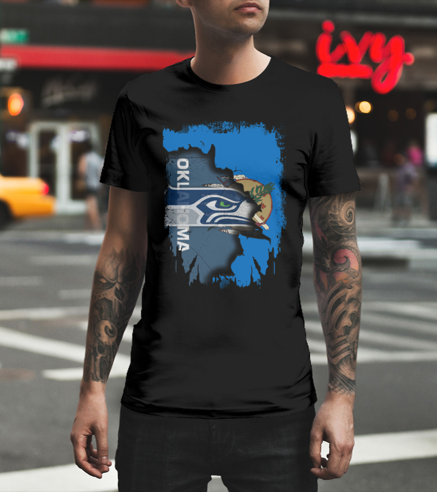 Oklahoma Flag With Seattle Seahawks Logo Fusion T-Shirt