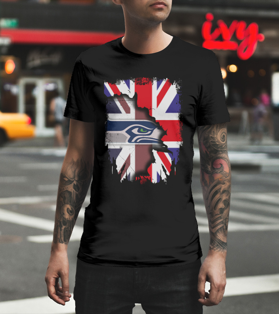 United Kingdom Flag With Seattle Seahawks Logo Integration T-Shirt