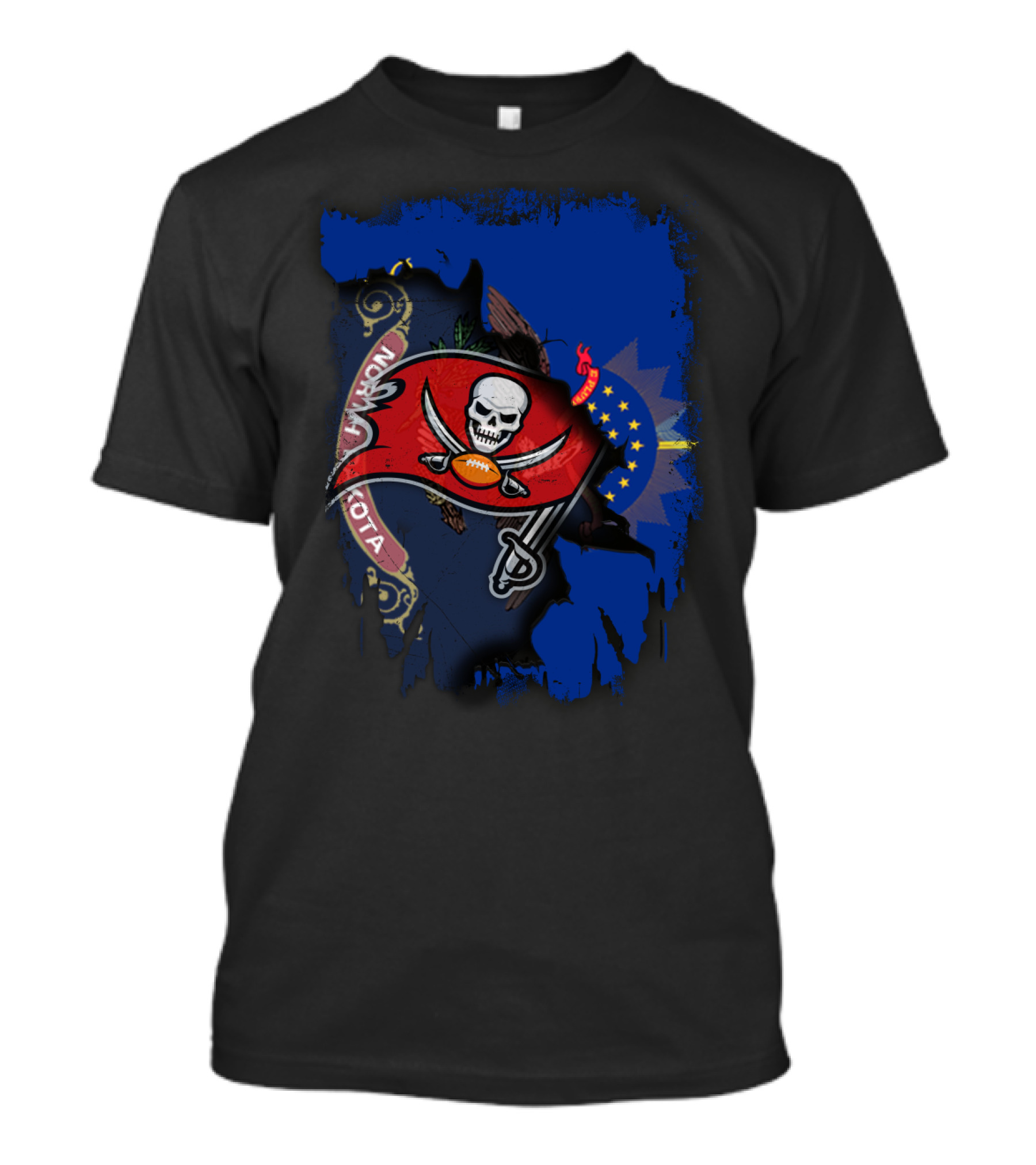 North Dakota Flag With Buccaneers Skull Logo And Football T-Shirt