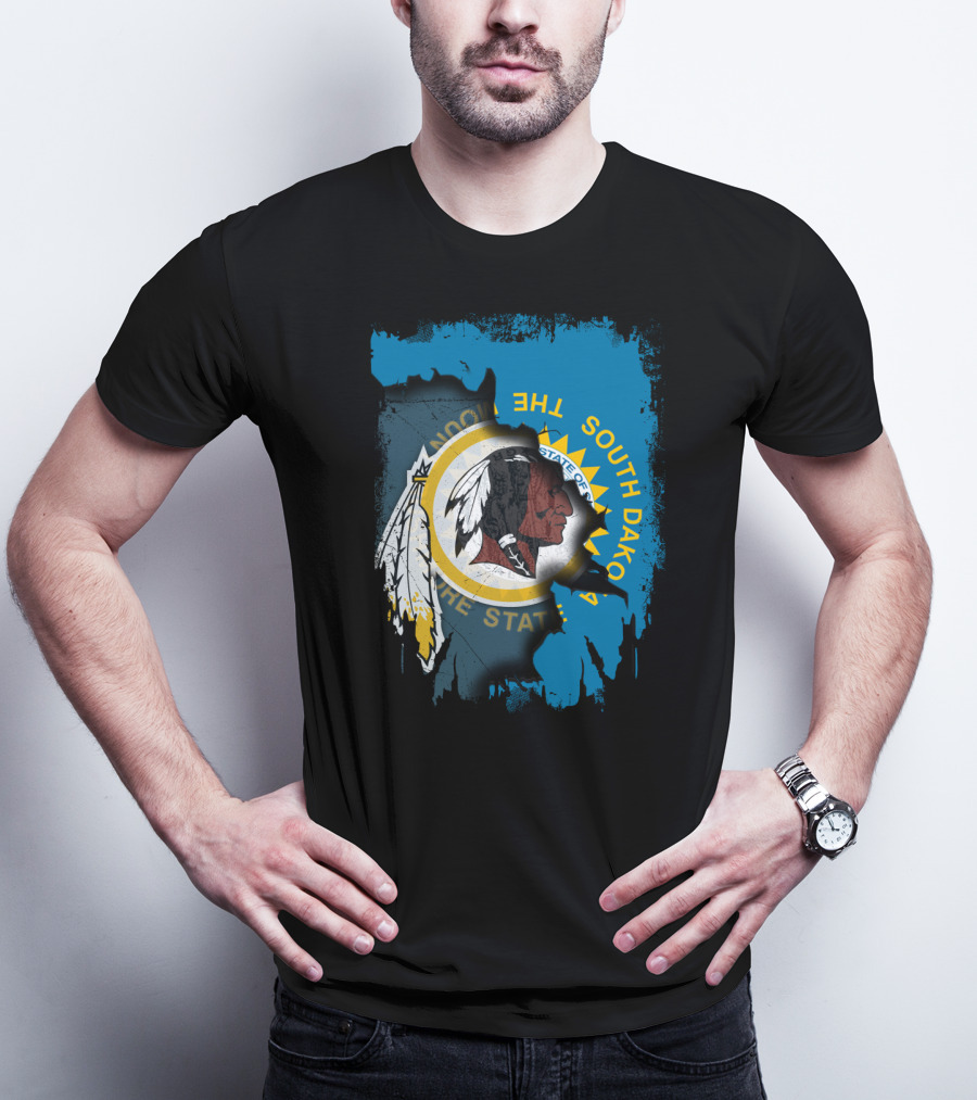 South Dakota State Flag Blended With Redskins T-Shirt