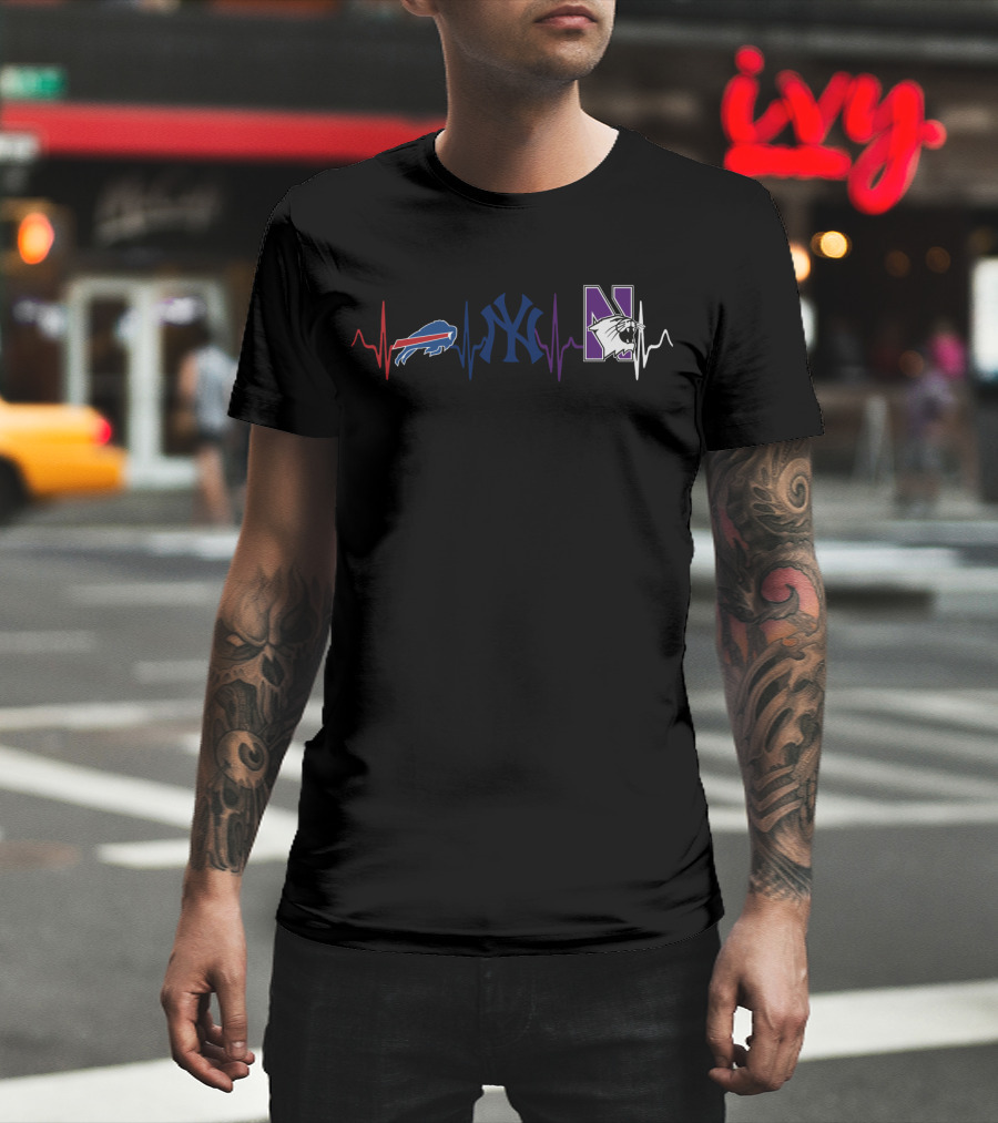 Buffalo Bills New York Yankees Northwestern Wildcats Heartbeat T-Shirt