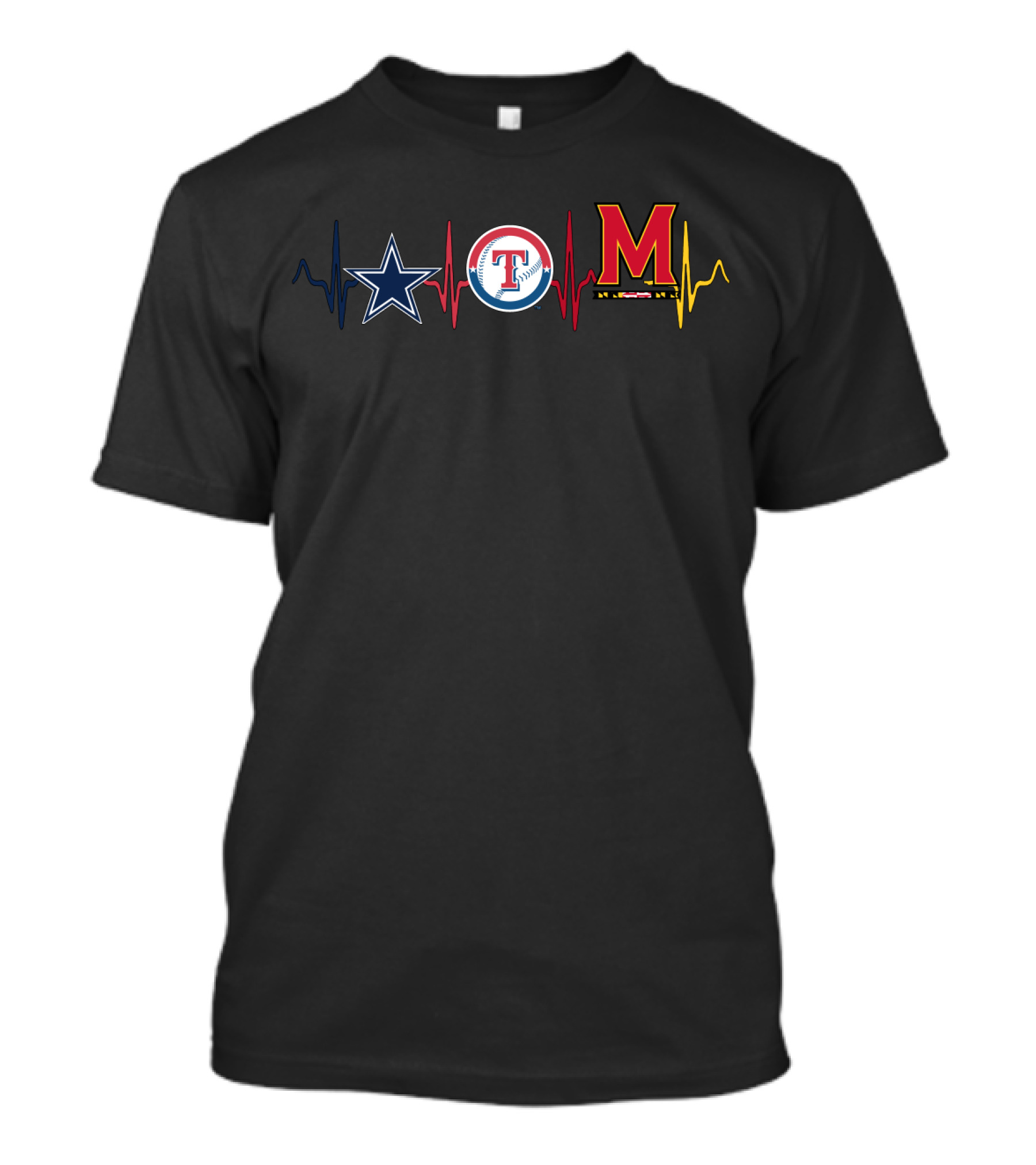 Dallas Cowboys Texas Rangers Maryland Terrapins Ekg Heartbeat T-Shirt