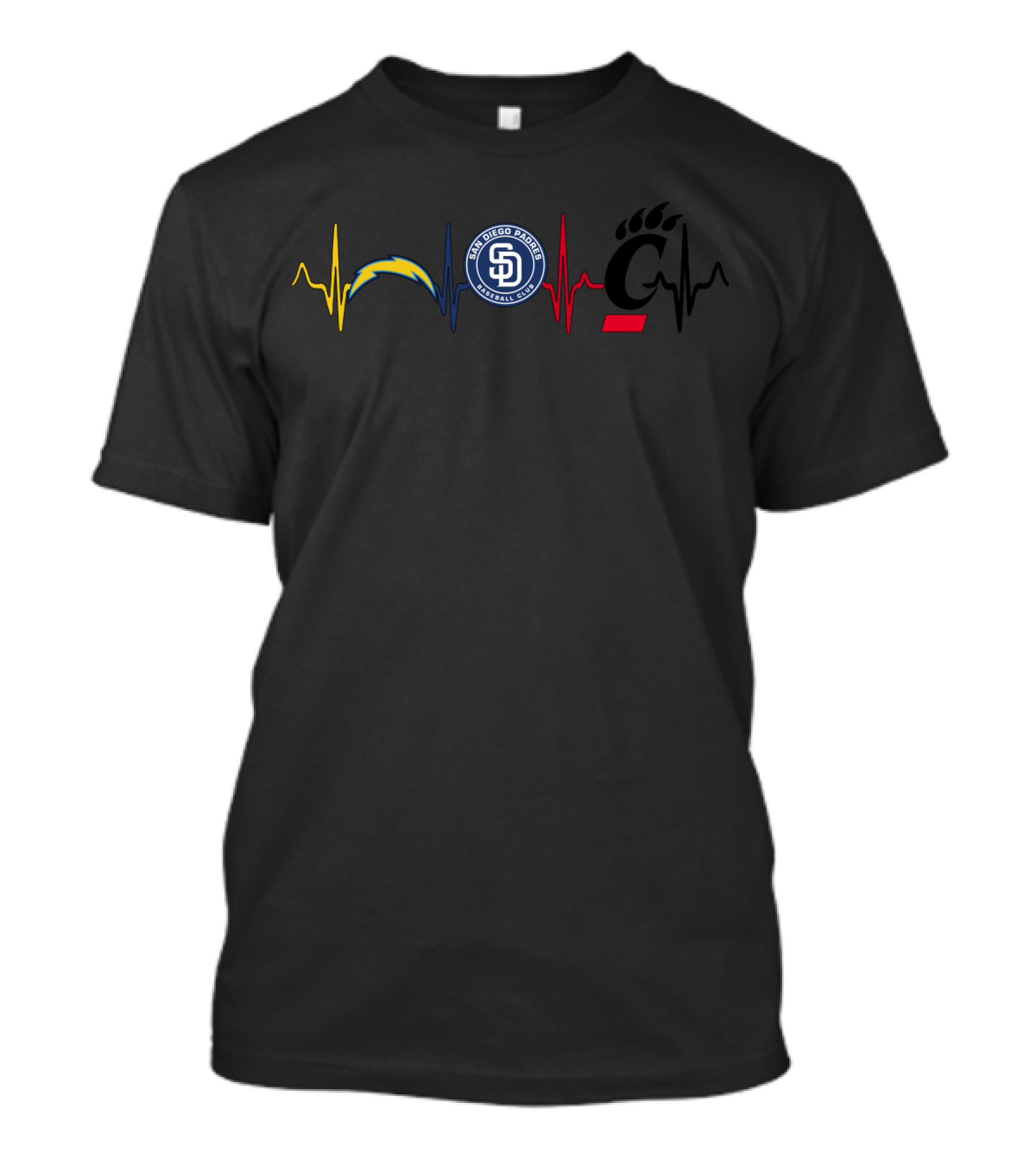 Love Chargers With San Diego Padres And Cincinnati Bearcats Cb Heartbeat T-Shirt