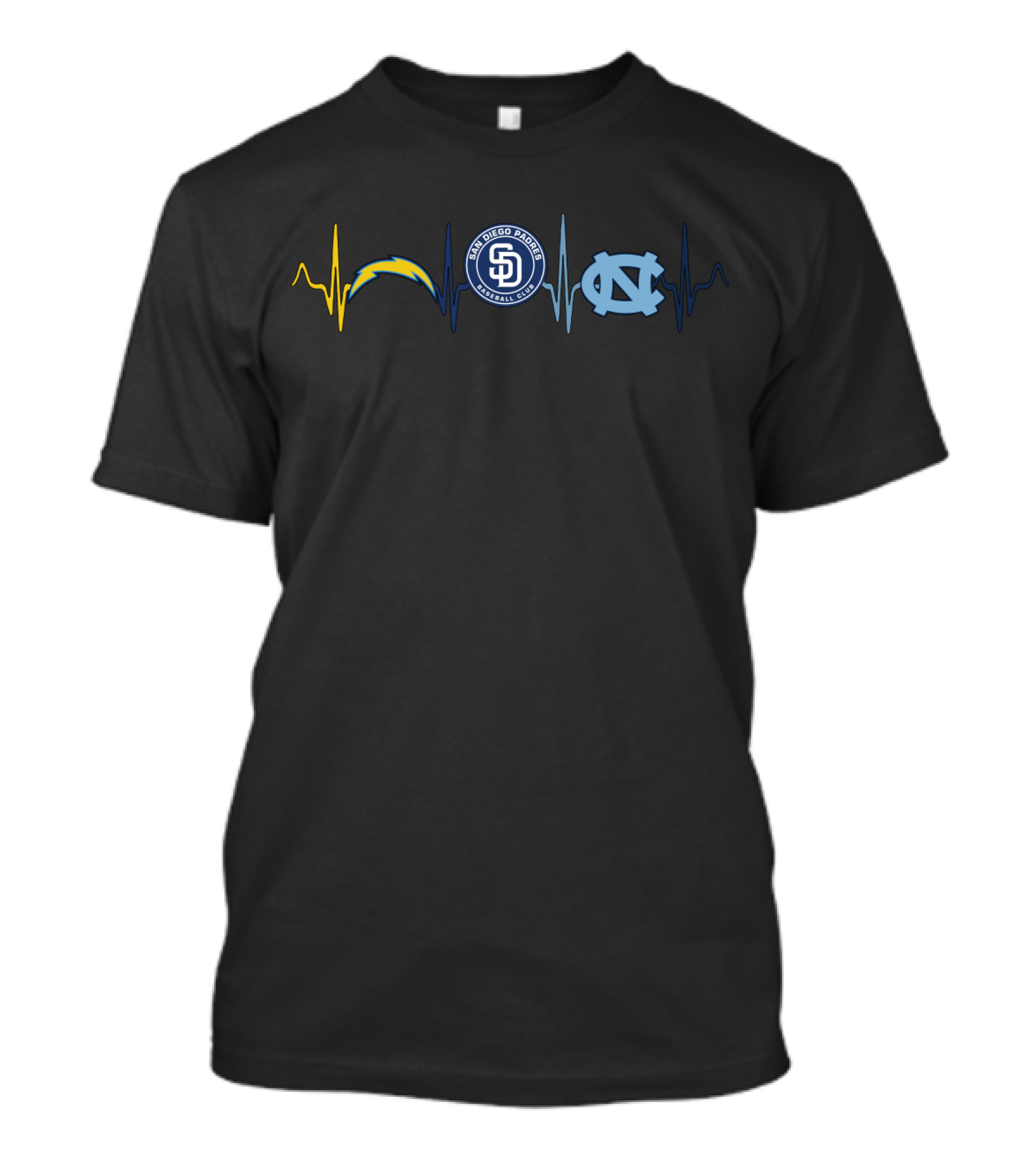 Love Chargers San Diego Padres North Carolina Tar Heels Heartbeat T-Shirt