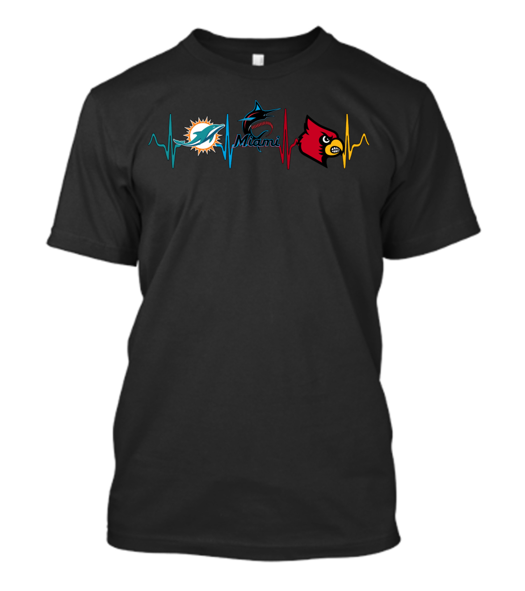 Miami Dolphins Marlins With Cardinals Heartbeat Logos T-Shirt