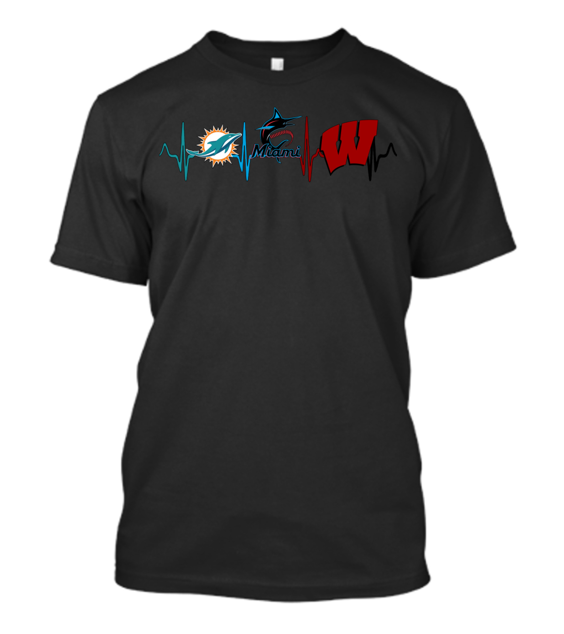 Miami Dolphins And Marlins With Wisconsin Badgers Heartbeat T-Shirt