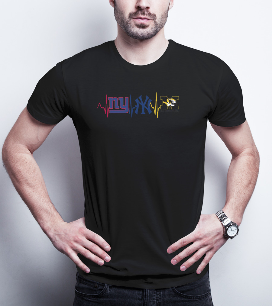 Love New York Giants Yankees Missouri Tigers Heartbeat T-Shirt