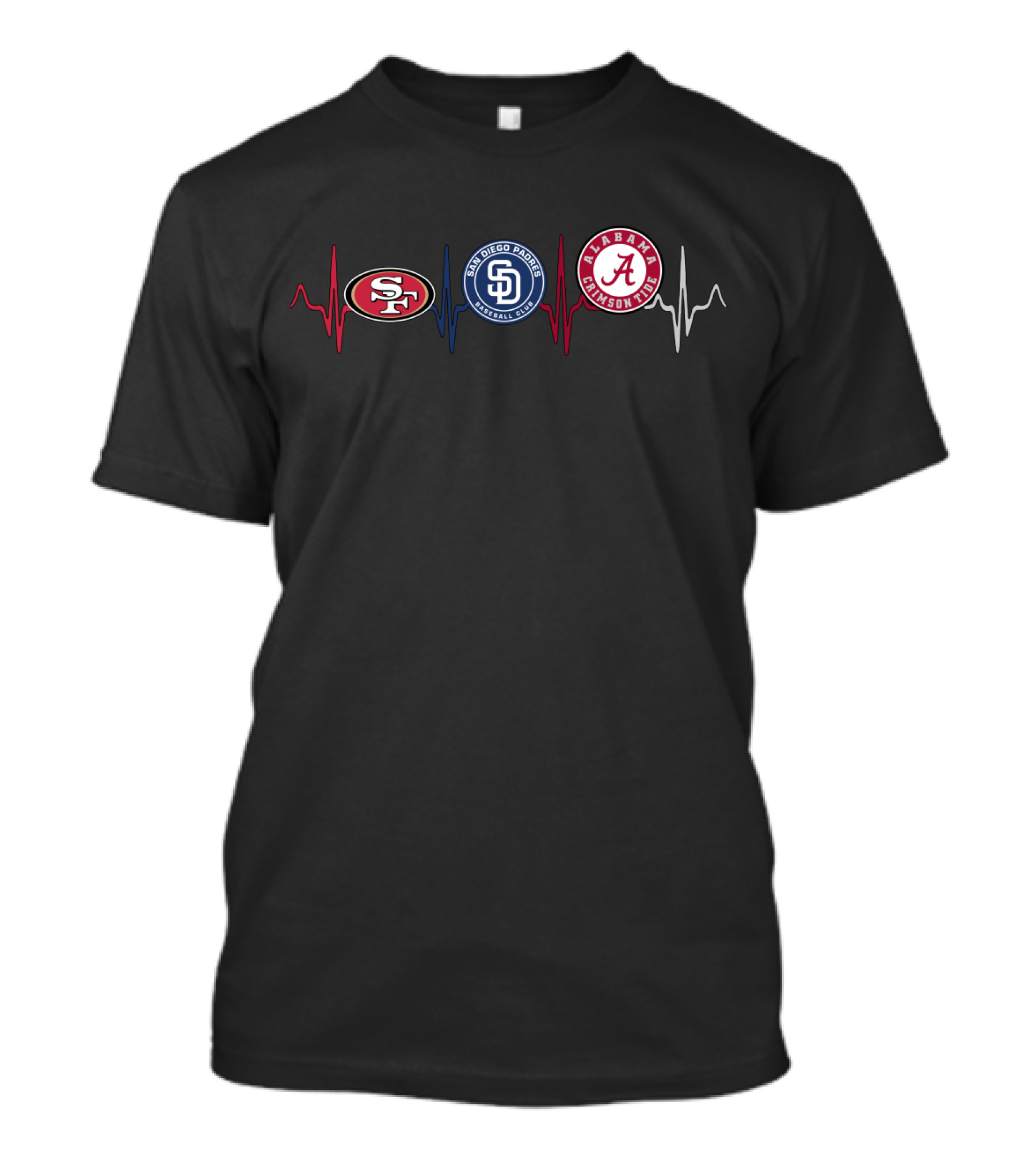Love 49ers San Diego Padres Alabama Crimson Tide Heartbeat T-Shirt
