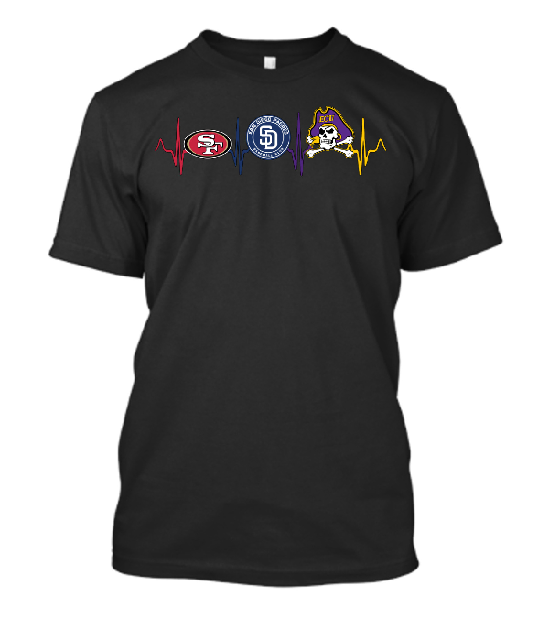 49ers San Diego Padres Ecu Pirates Heartbeat T-Shirt