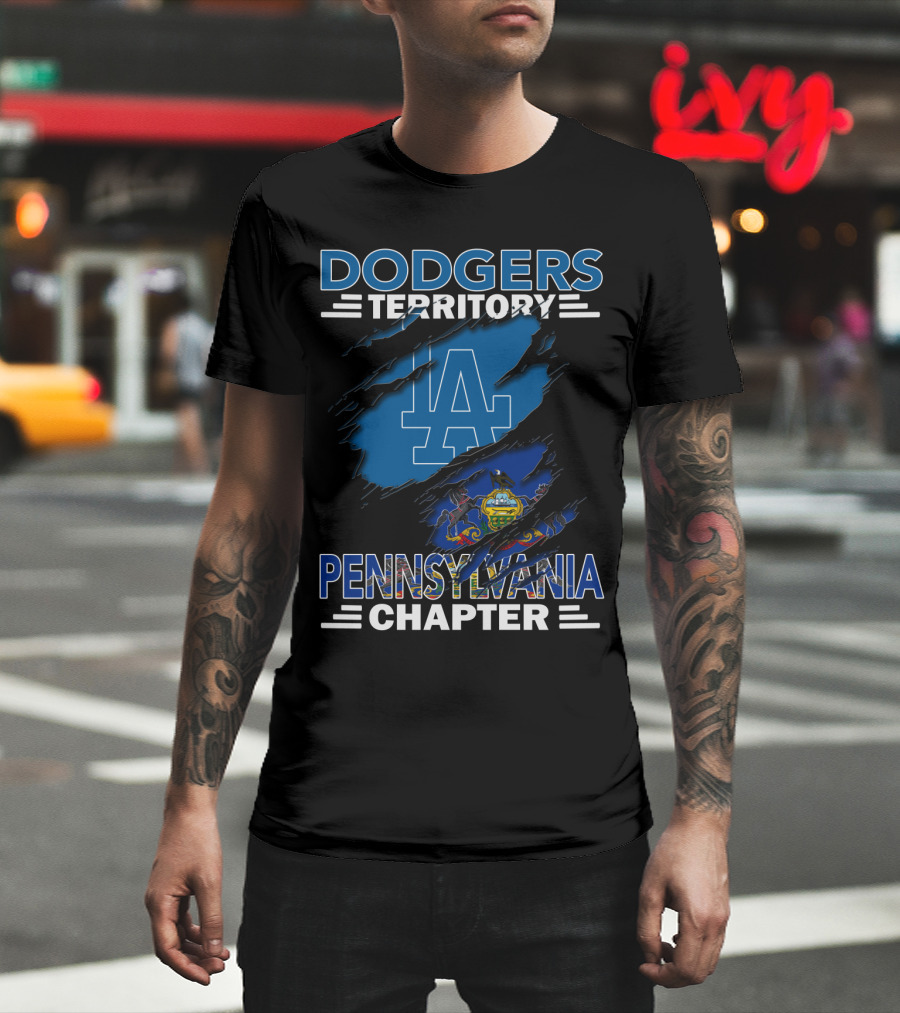 Dodgers Territory Pennsylvania Chapter LA Logo With Pennsylvania State Flag T-Shirt