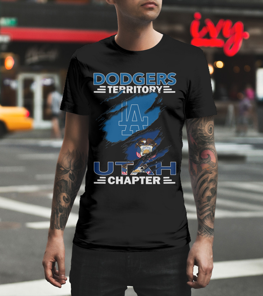Dodgers Territory Utah Chapter LA Logo And Utah State Flag T-Shirt