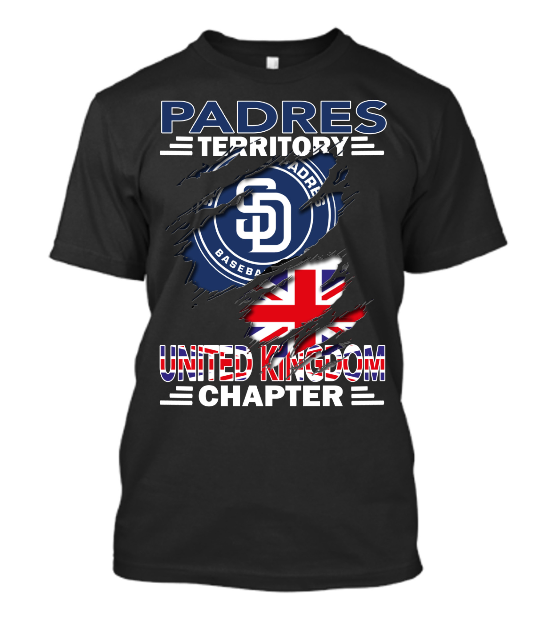 Padres Territory Baseball United Kingdom Chapter With SD Logo And Union Jack T-Shirt