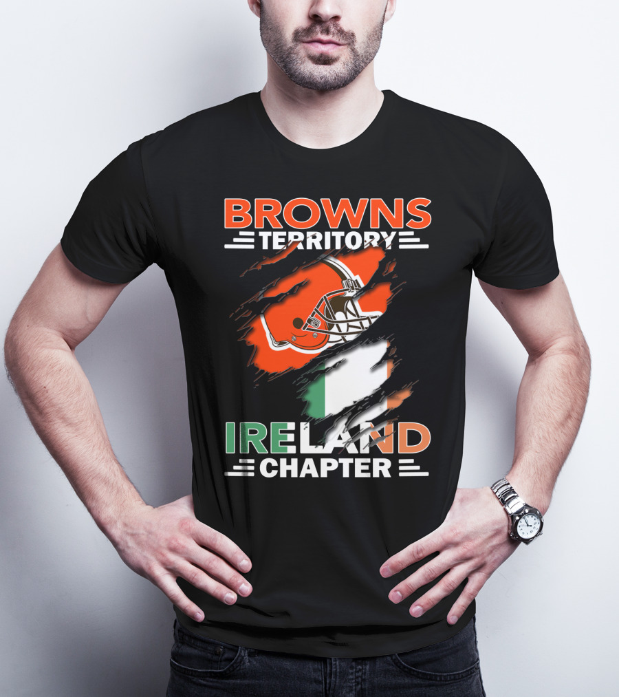 Browns Territory Ireland Chapter Helmet And Irish Flag Background T-Shirt