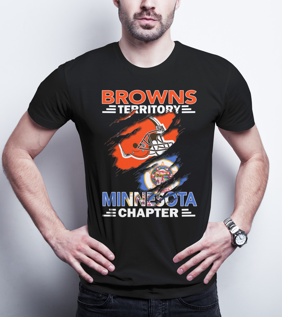 Browns Territory Minnesota Chapter Football Helmet And State Emblem Orange Black Blue Bar Logo Team Flag T-Shirt