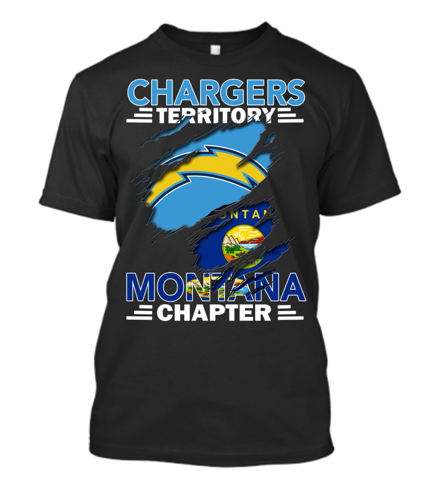 Chargers Territory Montana Chapter Lightning Bolt And State Flag T-Shirt